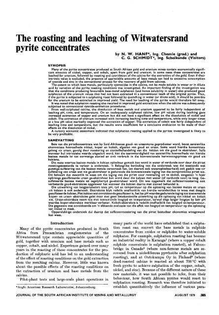 The roasting and leaching of Witwatersrand pyrite ... - saimm