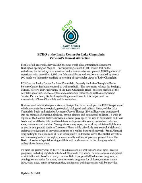 ECHO at the Leahy Center for Lake Champlain Vermont's Newest ...