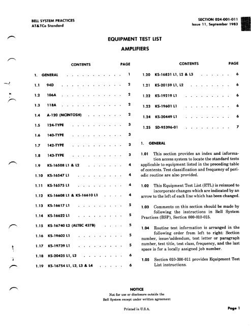 Equipment Test List Amplifiers