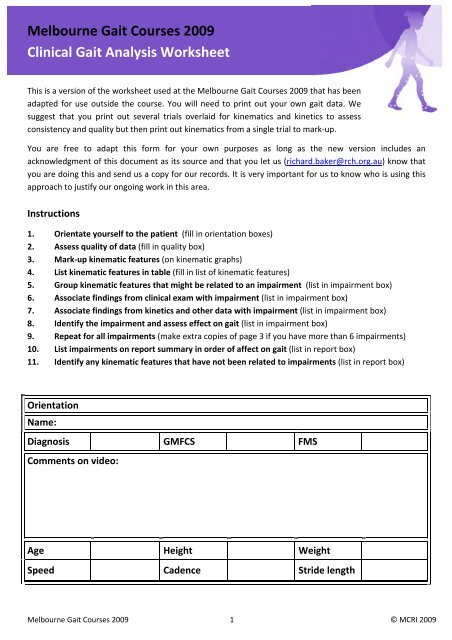 Melbourne Gait Courses 2009 Clinical Gait Analysis Worksheet