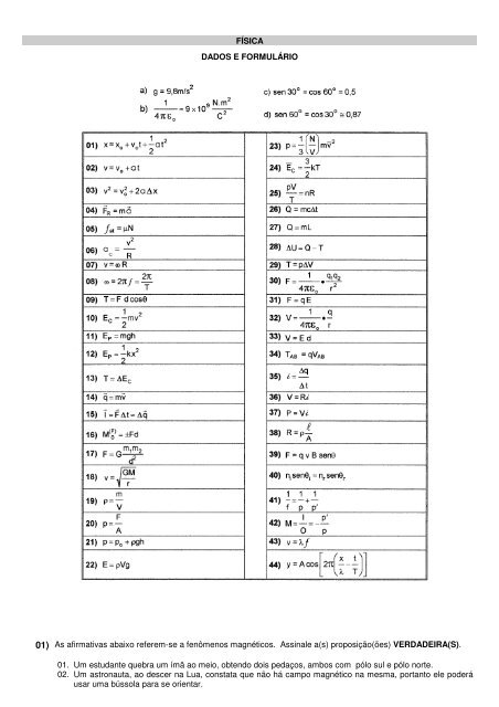 FÍSICA DADOS E FORMULÁRIO 01) As ... - Coperve - UFSC