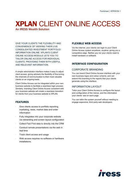 XPLAN Client Online Access Factsheet - IRESS New Zealand