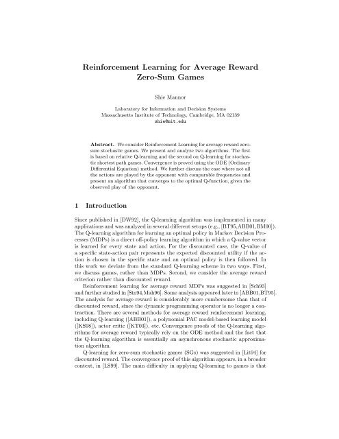 Reinforcement Learning for Average Reward Zero-Sum ... - CiteSeerX