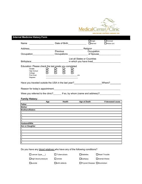 Internal Medicine History Form - Medical Center Clinic