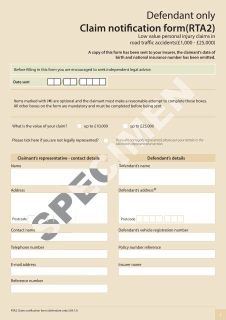 Defendant only Claim notification form(RTA2)