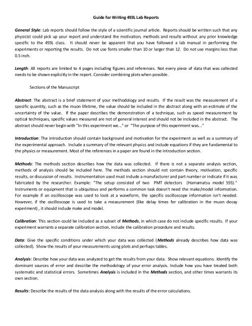 Guide For Writing 493L Lab Reports General Style Lab Reports 