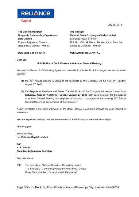 Regd Office : H Block, 1st Floor, Dhirubhai ... - Reliance Capital