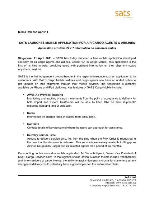 sats launches mobile application for air cargo agents & airlines