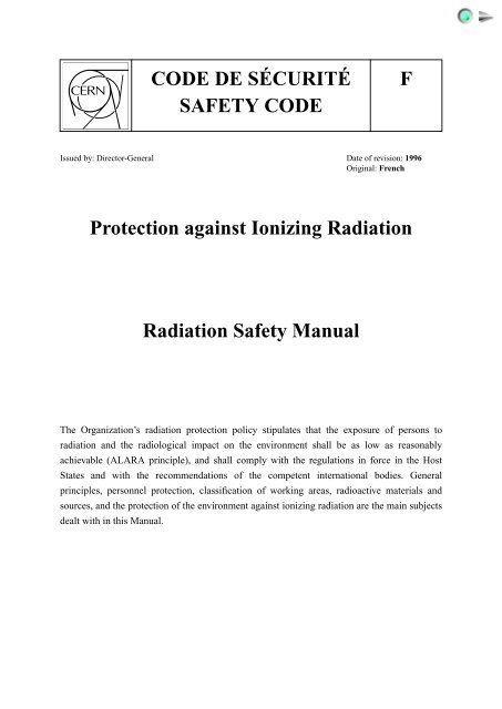 Protection against Ionizing Radiation Radiation Safety Manual - CERN