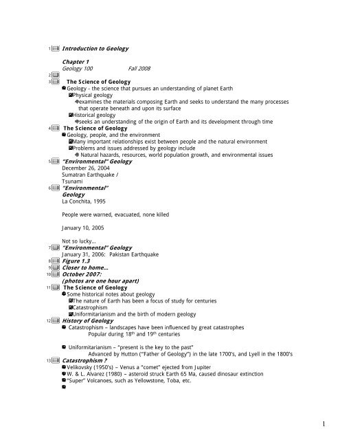 Introduction to Geology Chapter 1 Geology 100 Fall 2008 ...