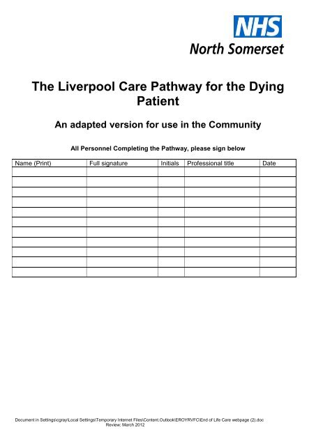 Liverpool Care Pathway for the Dying Patient - NHS North Somerset