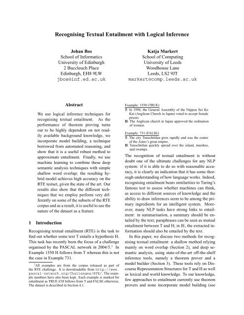 Recognising Textual Entailment with Logical Inference - School of ...