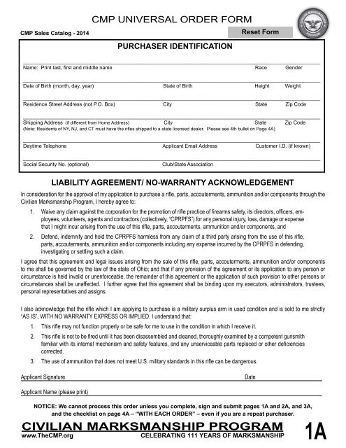Sales Order Form - Civilian Marksmanship Program