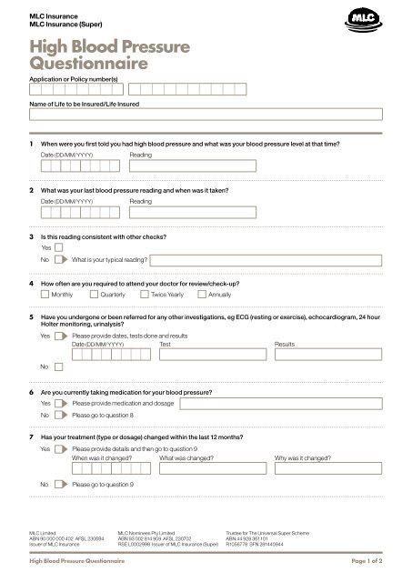 High Blood Pressure Questionnaire - MLC