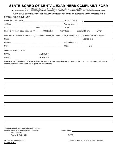 state board of dental examiners complaint form - Texas State Board ...