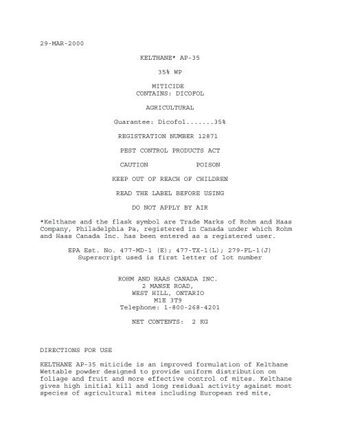 Label-Kelthane-AP-35.. - Pesticide Truths