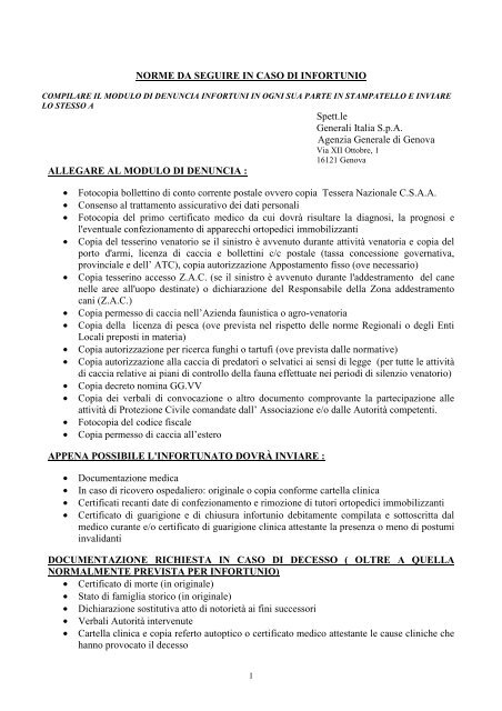 NORME denuncia SINISTRI Infortunio e RCT - Arcicaccia