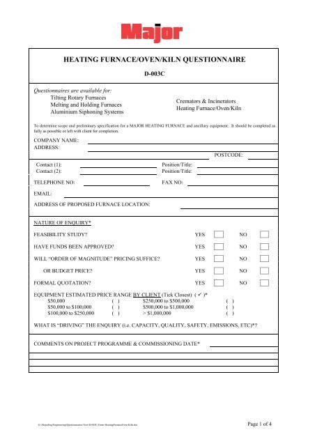 heating furnace/oven/kiln questionnaire - Major Furnace Australia ...