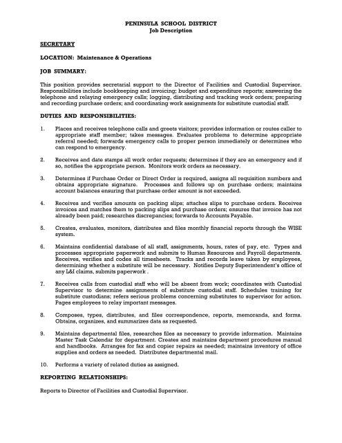 PENINSULA SCHOOL DISTRICT Job Description SECRETARY ...