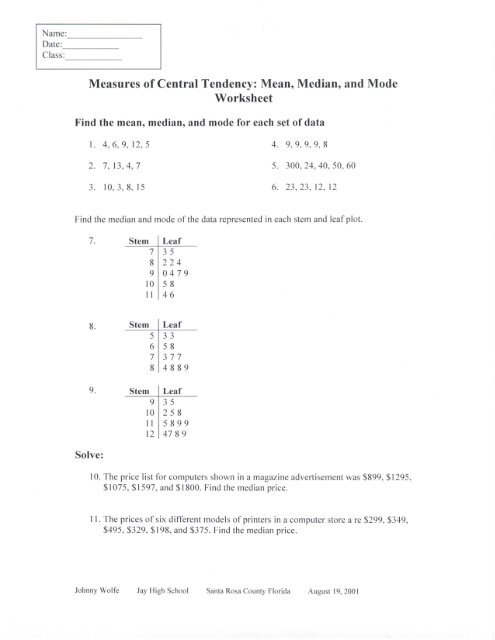 Measures Of Central Tendency Mean Median And Mode Worksheet