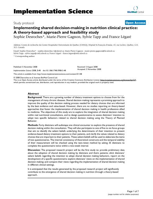 Implementing shared decision-making in nutrition clinical practice: A ...