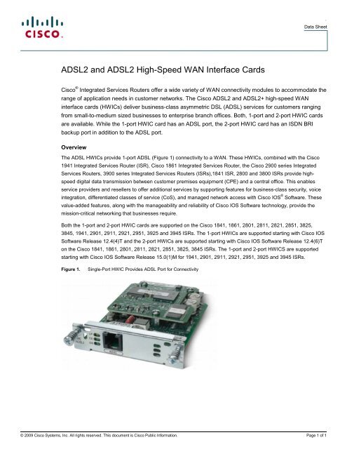 ADSL2 and ADSL2 High-Speed WAN Interface Cards - Cisco