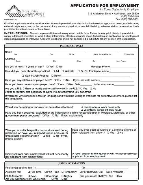 Employment Application - Grays Harbor Community Hospital