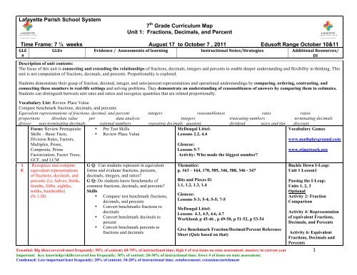 Lafayette Parish School System 7th Grade Curriculum Map Unit 1 ...