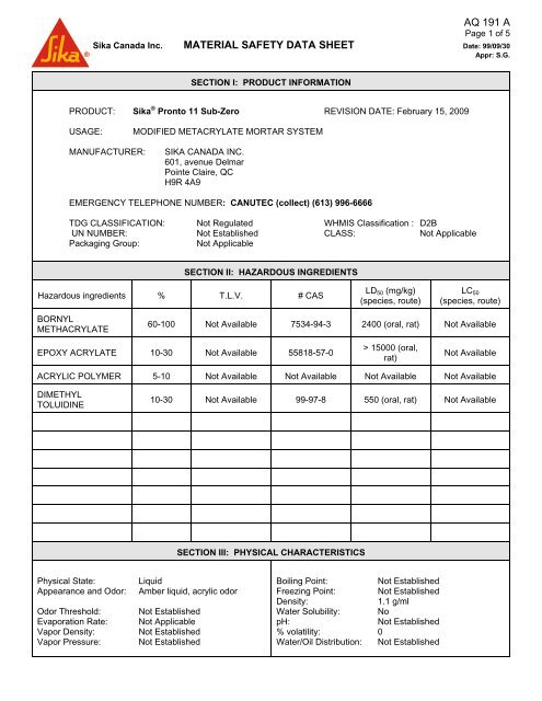 Sika Pronto 11 Sub-Zero MSDS-February 2009 - Northland ...