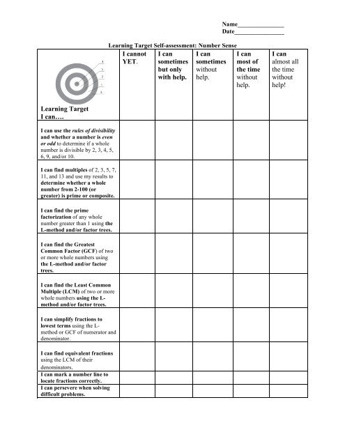 Learning Target Self-assessment Number Sense