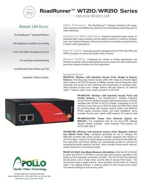 RoadRunner WT210-S1.ai - Apollo Video Technology
