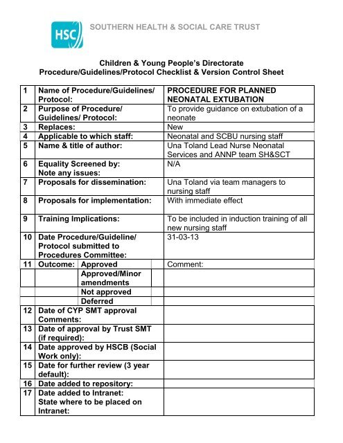 Planned Neonatal Extubation - Southern Health and Social Care Trust