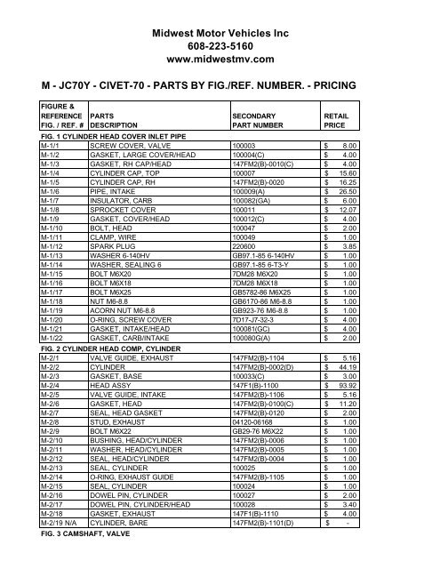 Retail Parts Pricing - Midwest Motor Vehicles