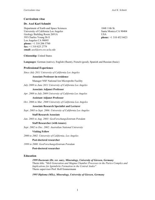 1 Curriculum vitae Dr. Axel Karl Schmitt Professional ... - UCLA SIMS