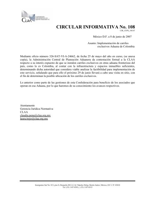 CIRCULAR INFORMATIVA No. 108