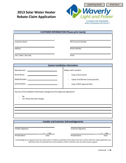 2013 Solar Water Heater Claim Form - Waverly Light and Power