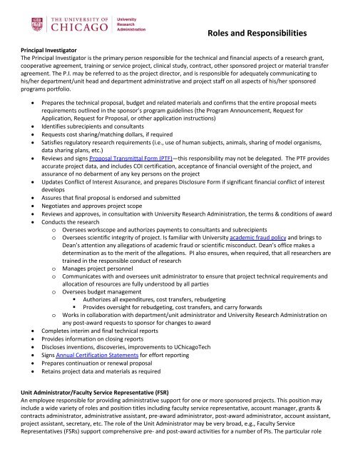 Roles and Responsibilities - University Research Administration