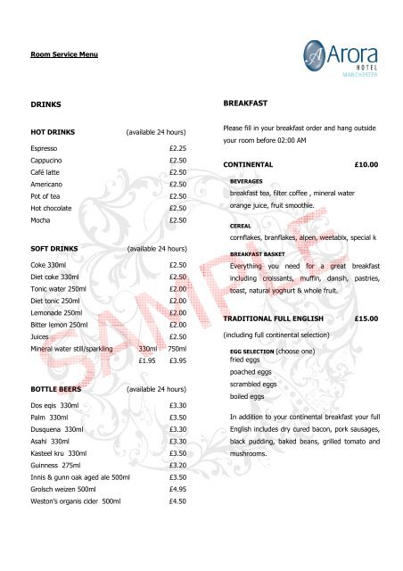 Room Service Menu - The Arora Hotel Manchester
