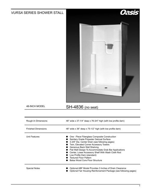 VURSA SERIES SHOWER STALL SH-4836 (no seat) - Oasis Bath