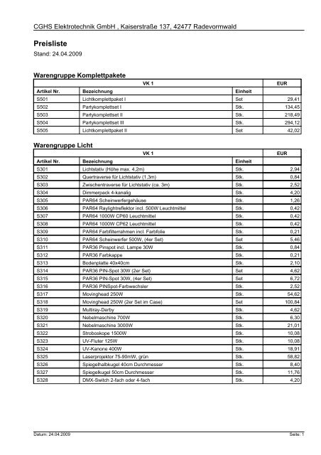Preisliste - CGHS GmbH Veranstaltungstechnik