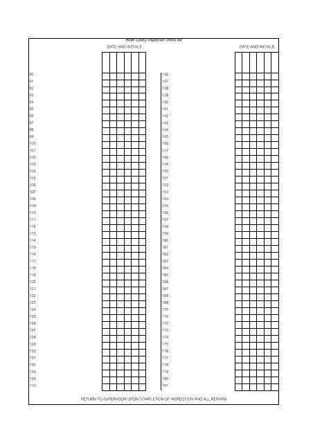 Hotel Lobby Inspection check list DATE AND INITIALS DATE AND ...