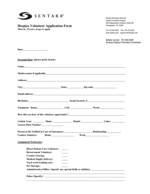 Hospice Volunteer Application Form - Sentara.com