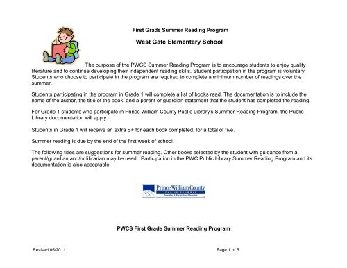 Kindergarten Summer Reading Program - West Gate Elementary ...