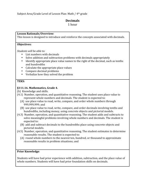Fourth Grade Math Lesson Plan On Decimals St Edwards University