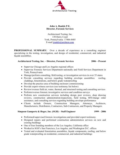 CV for John Runkle - Architectural Testing