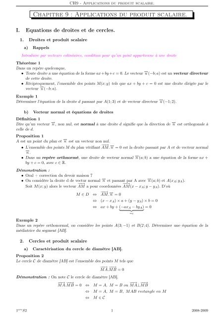 equation cercle produit scalaire PDF Cours,Exercices ,Examens