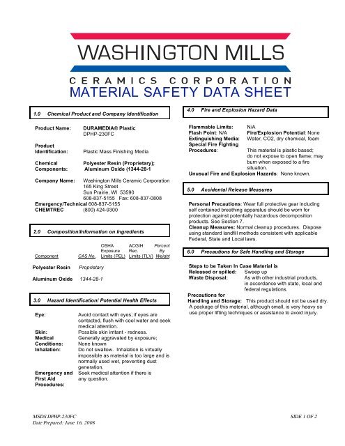 MATERIAL SAFETY DATA SHEET - Washington Mills Ceramics