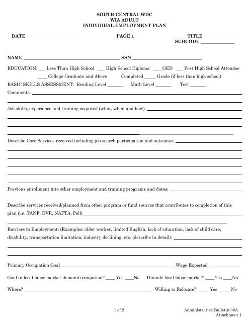 Individual Employment Plan Form - Yakima County