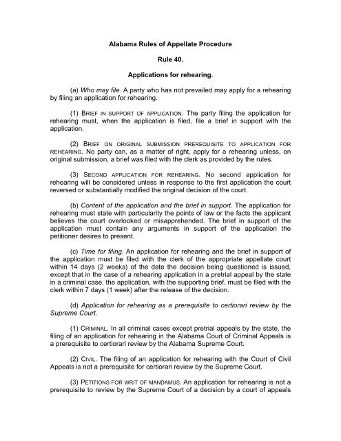 Alabama Rules of Appellate Procedure Rule 40. Applications for ...