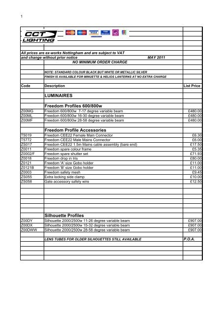 CCT PRODUCT PRICE LIST MAY 2010 - CCT Lighting